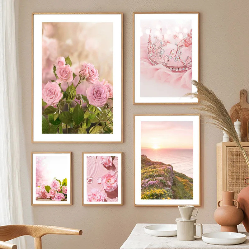 Pink Rose Orchid Sakura Crown Flower Minimalist Aesthetics Wall Art ...