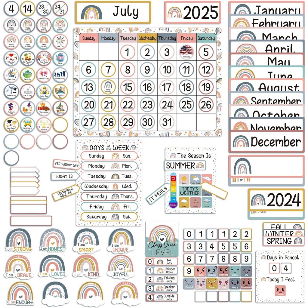 BelleAngle Boho Rainbow Calendar Bulletin Board Set with Seasons ...