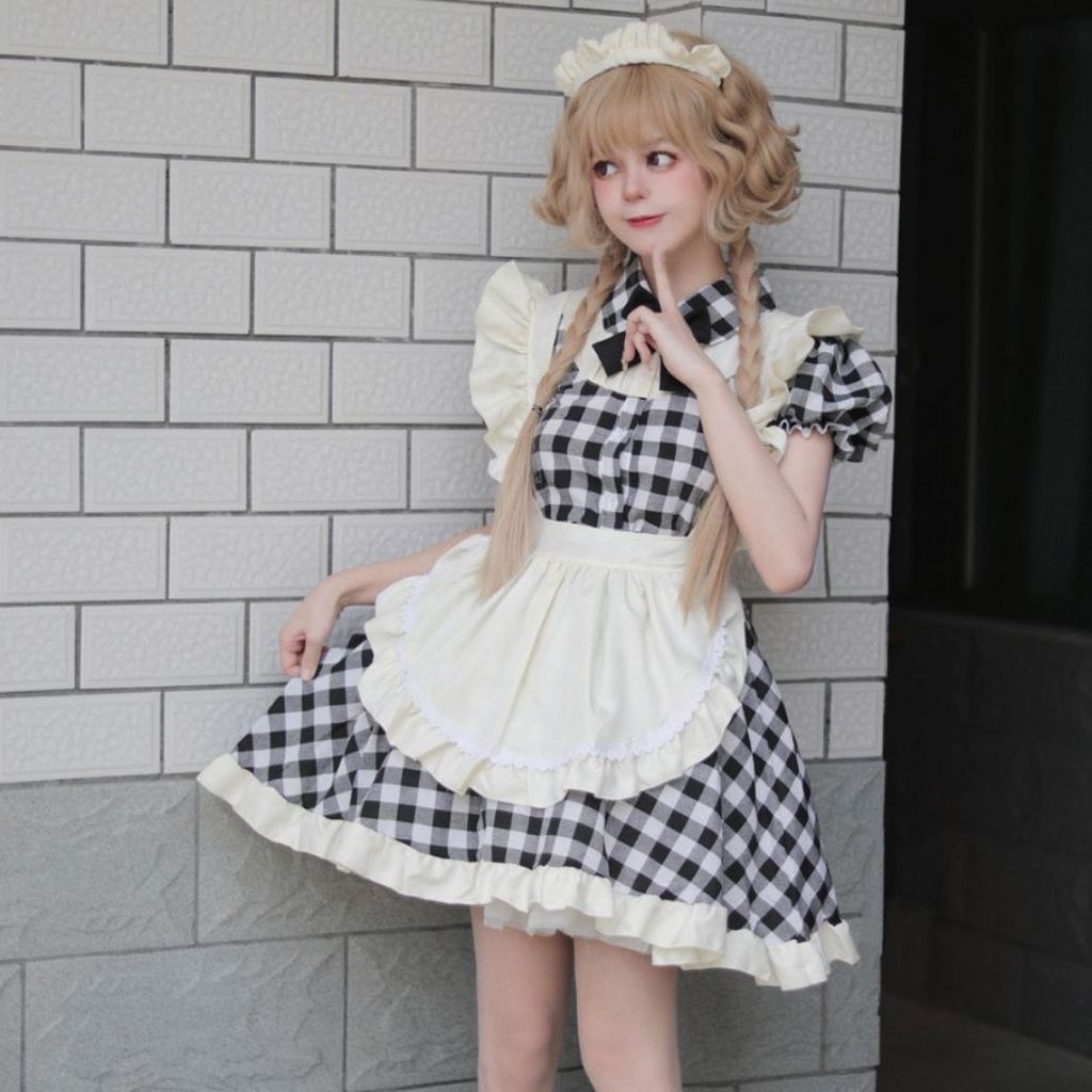 British Short Checkered Maid Uniform Maid Costume COS Two-Dimensional ...