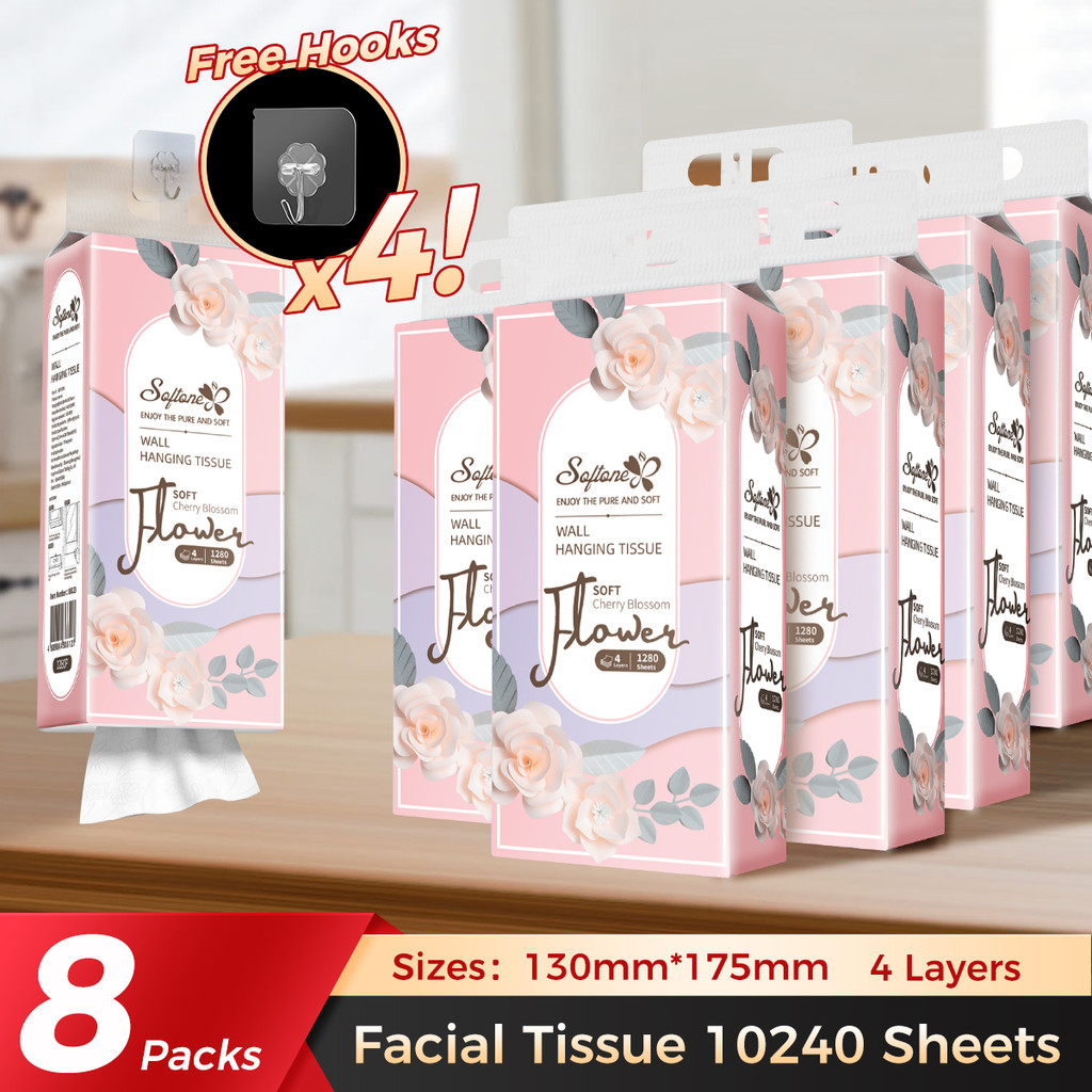 8 Packs 1280 Sheets 4Ply Facial Tissue Bathroom Tissue Paper Wall ...