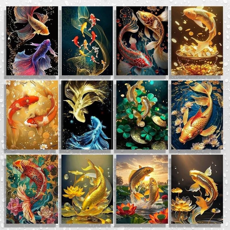 Golden Koi Fish Lucky Canvas Painting Vibrant Feng Shui Decor ...