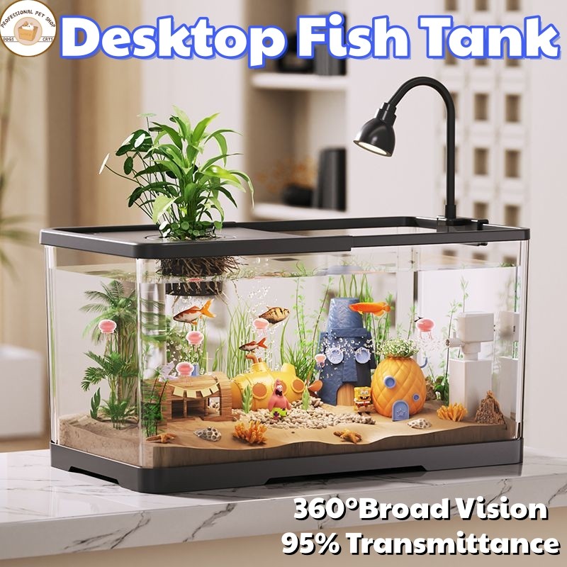 Clear Plastic Desktop Fish Tank HD 360° Aquarium with LED Light Fish ...