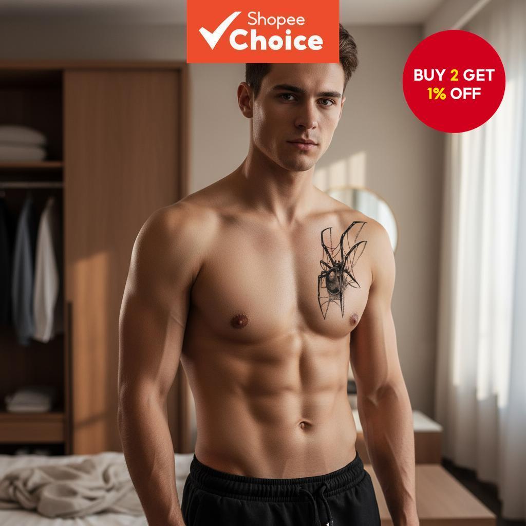 Waterproof Semi-Permanent Fake Body Art: Black Spider Tattoos for Chest ...