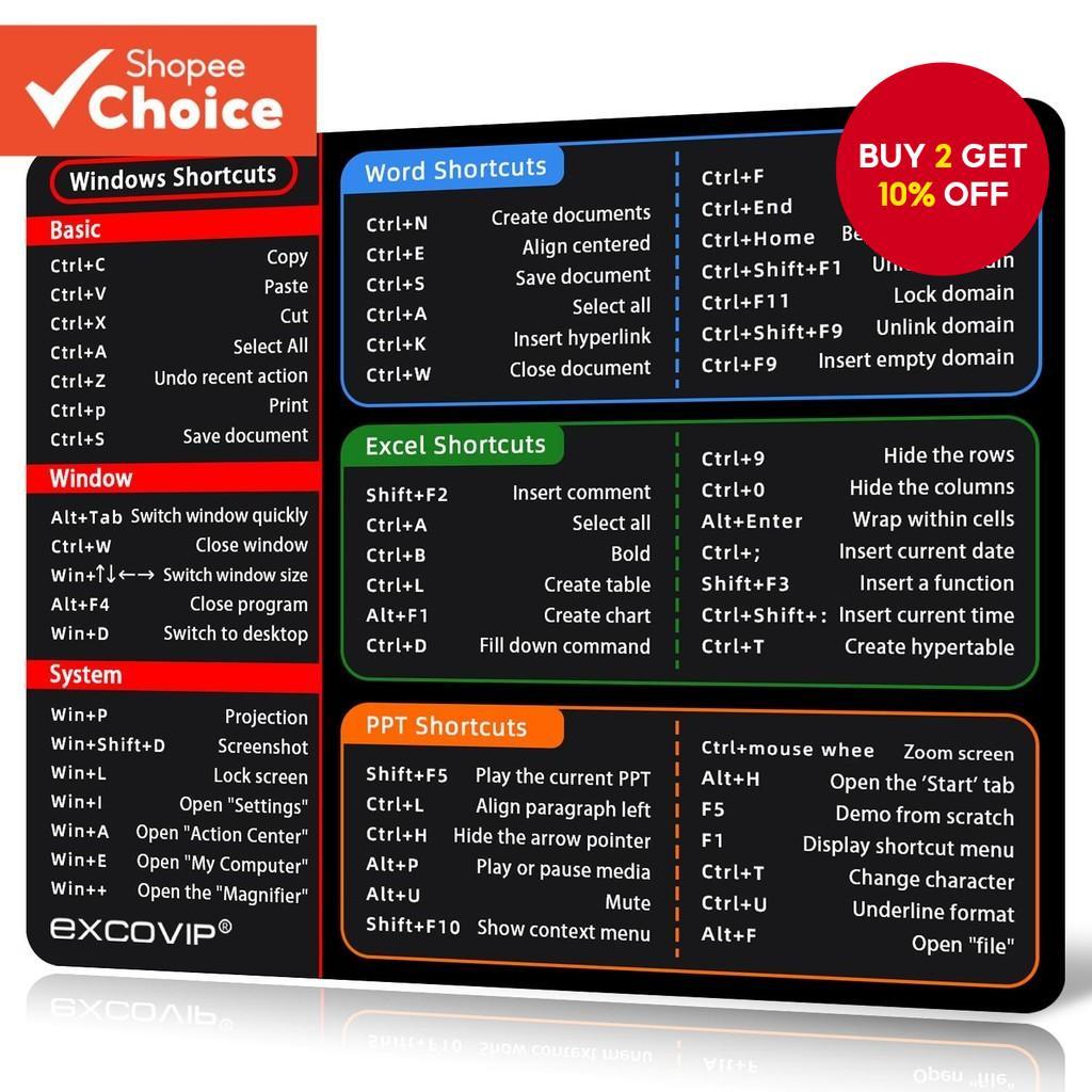 Office Shortcut Key Mouse Pad Soft Lock Edge Non Slip Efficient for ...