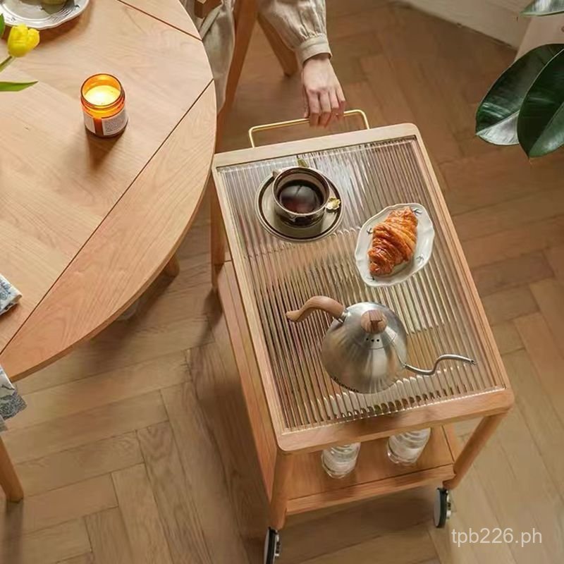 Wheeled Side Table Small Apartment Glass Nordic Cherry Wood Japanese ...
