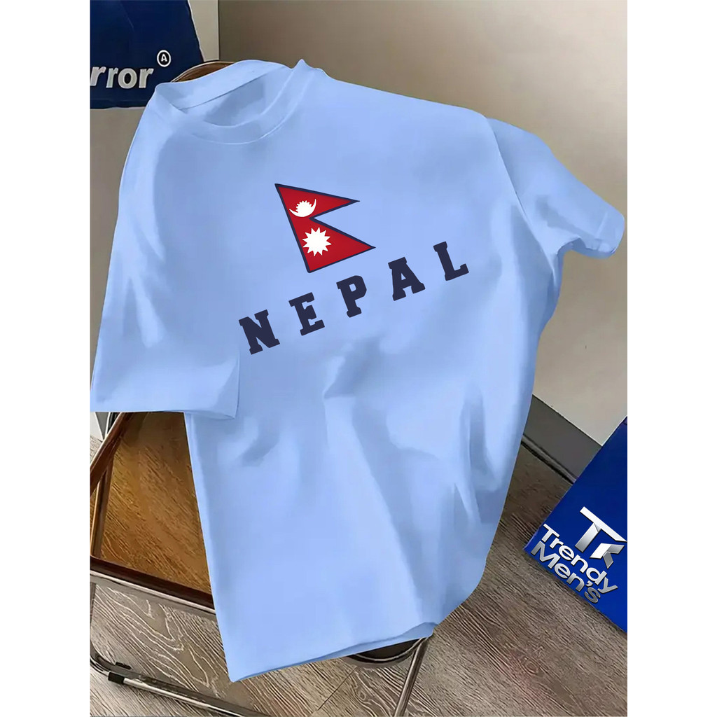 Men's Nepal Flag & Nepali Script T-Shirt - Turquoise Blue with Nepal ...