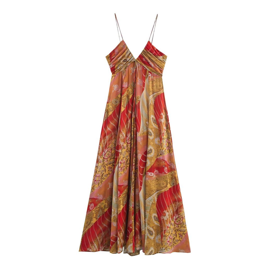 11604 - Strap V-neck Printed Pleated High-waisted Dress | Shopee ...