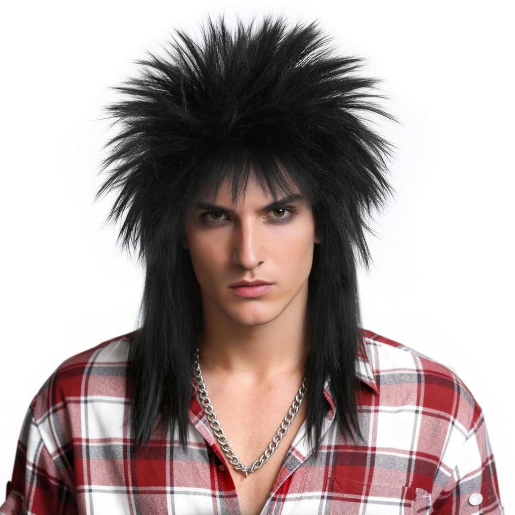 Rocker Mullet Wig 70s 80s Long Black Spiky Wig for Men Rockstar Cosplay ...