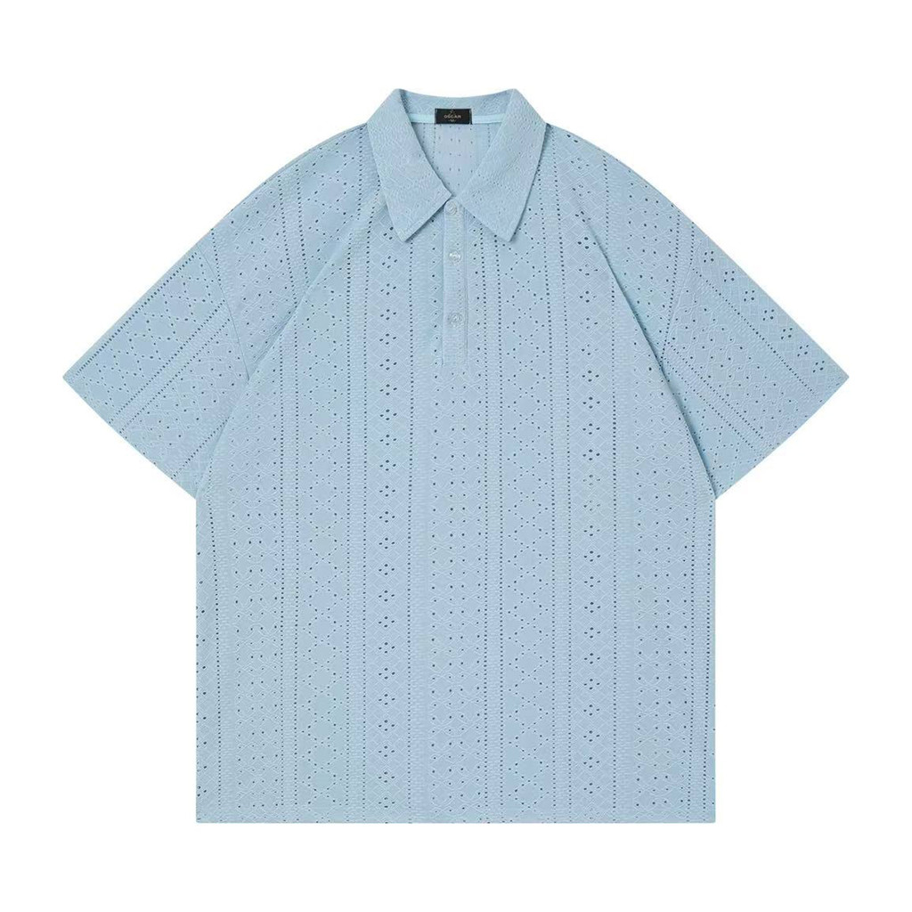 KINWOO Men's Loose Fit Polo Shirt Dropped Shoulder Hollow Embroidery ...
