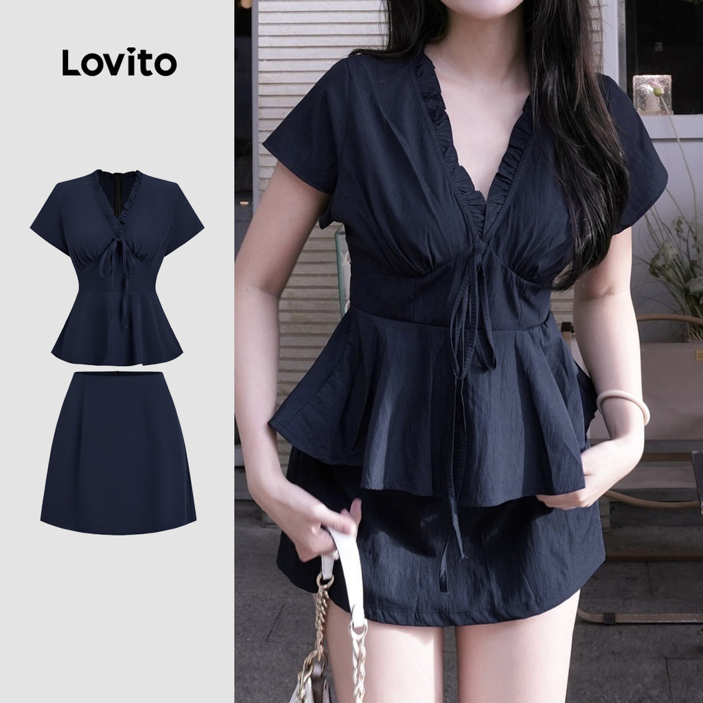 Lovito Women Elegant Tops or Bottoms Ruffle Spring/summer Blue Top Tops ...