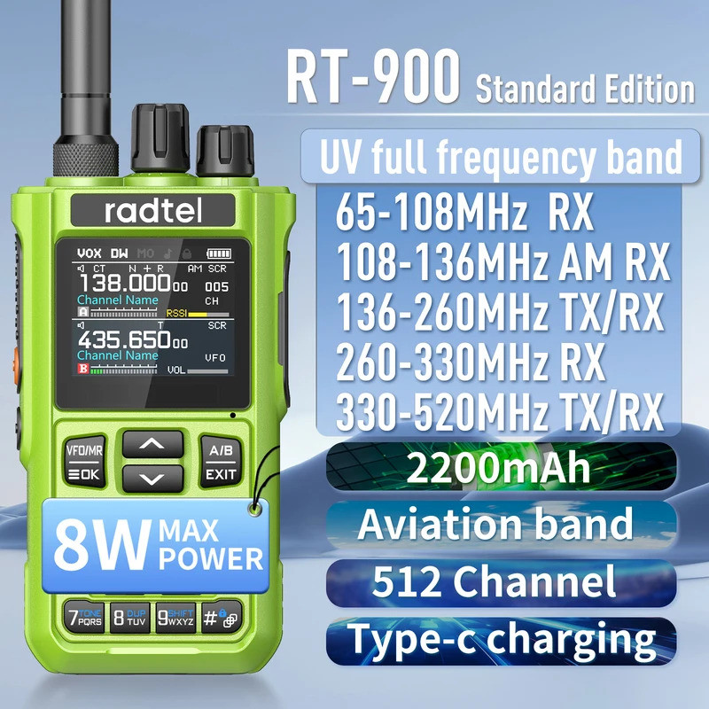 Radtel RT-900 Green 8W Full band Ham Radio Walkie Talkie 512CH Air Band ...