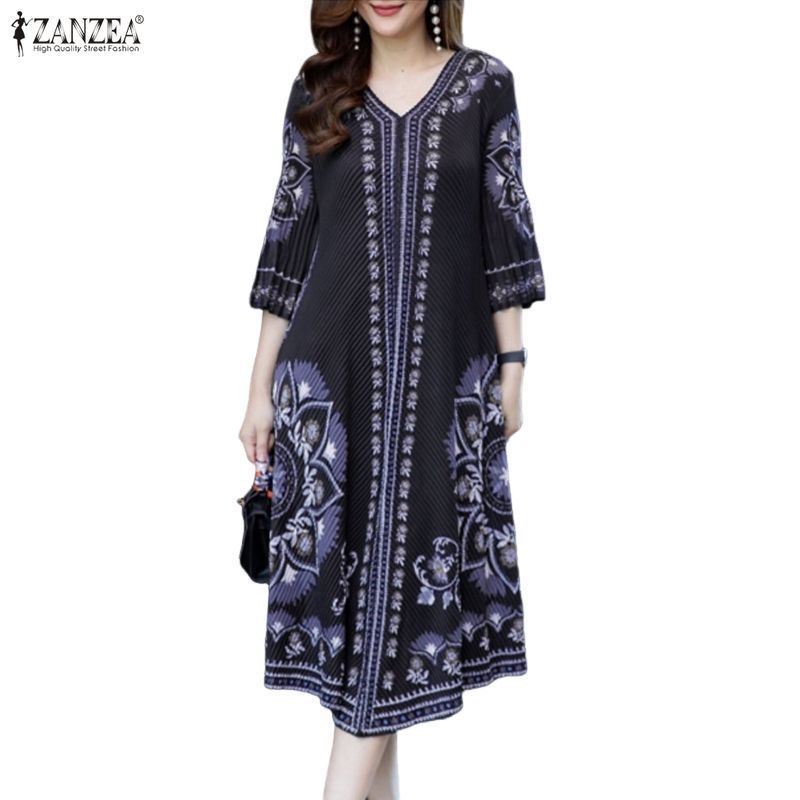 ZANZEA Women Korean Vintage Elegant V Neck 3/4 Sleeves Ethnic Printed ...