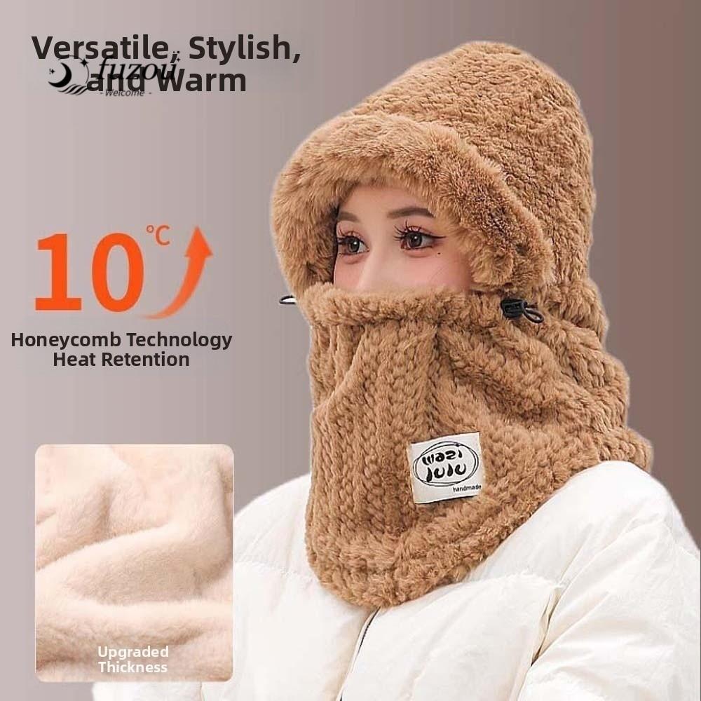 FUZOU Winter Integrated Scarf Cap, Plush 4 in 1 Mask Woolen Hat ...