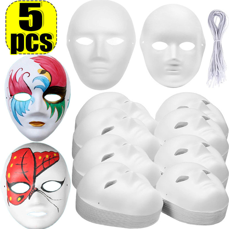 5pcs DIY Full Face Masks Paper White Halloween Cosplay Cat Paintable ...