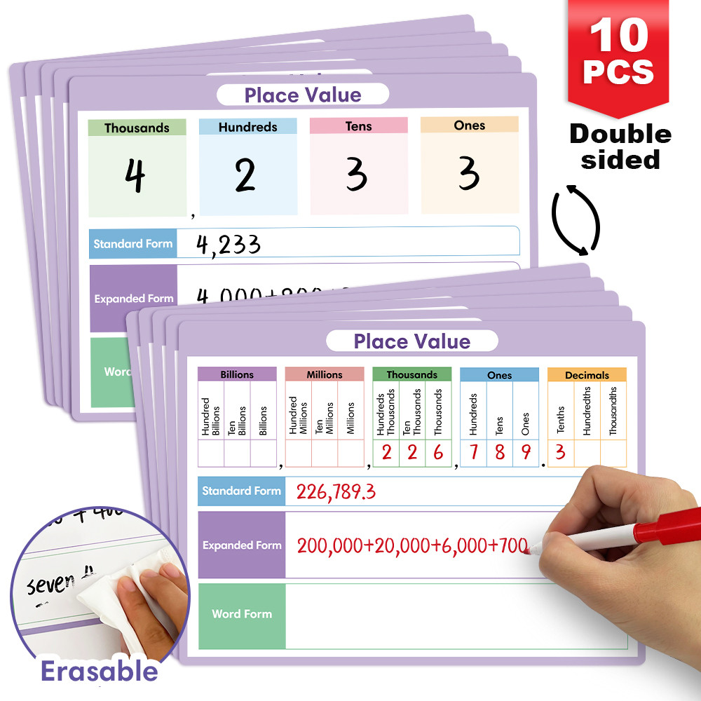 10 Pcs Place Value Maths Poster for Kids Double-Sided Whole Numbers ...