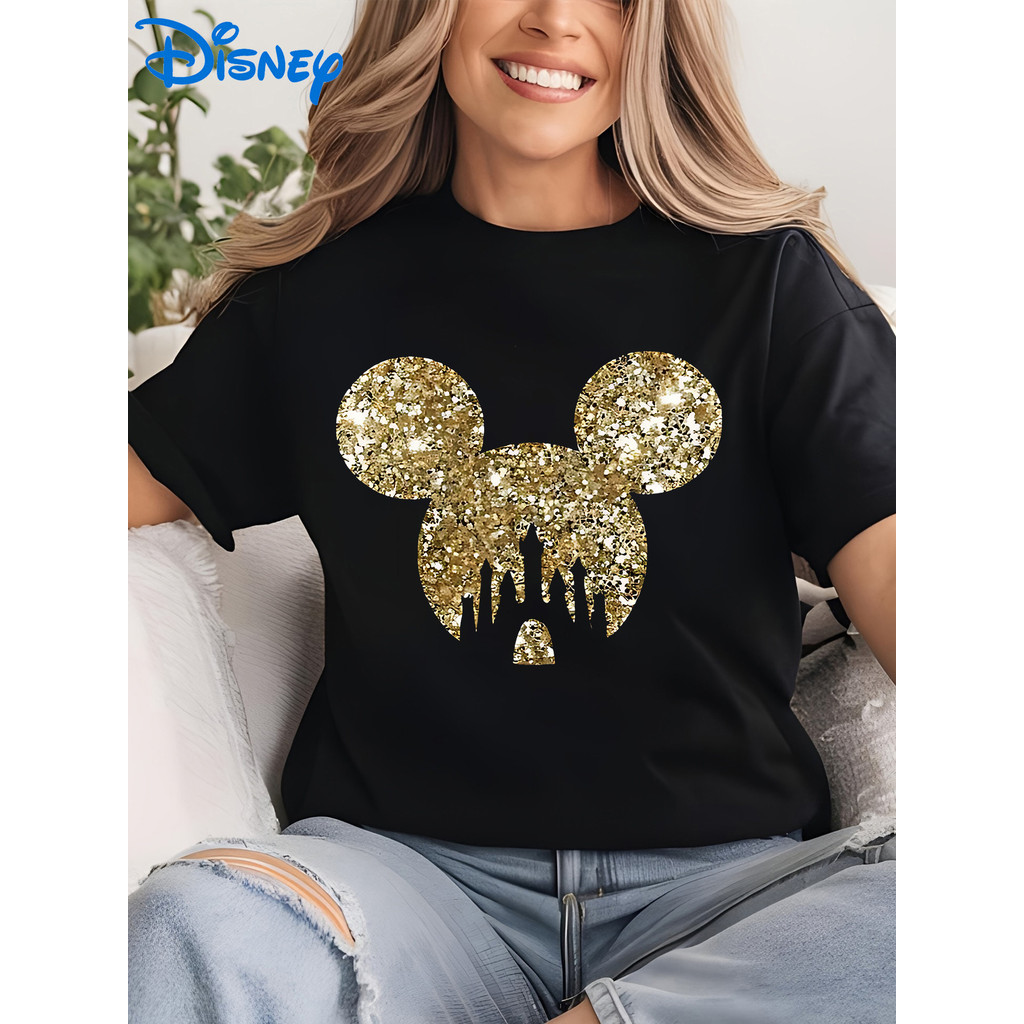 Disney Mickey Golden Glitter Castle Print T-Shirt, Dazzling And Eye ...