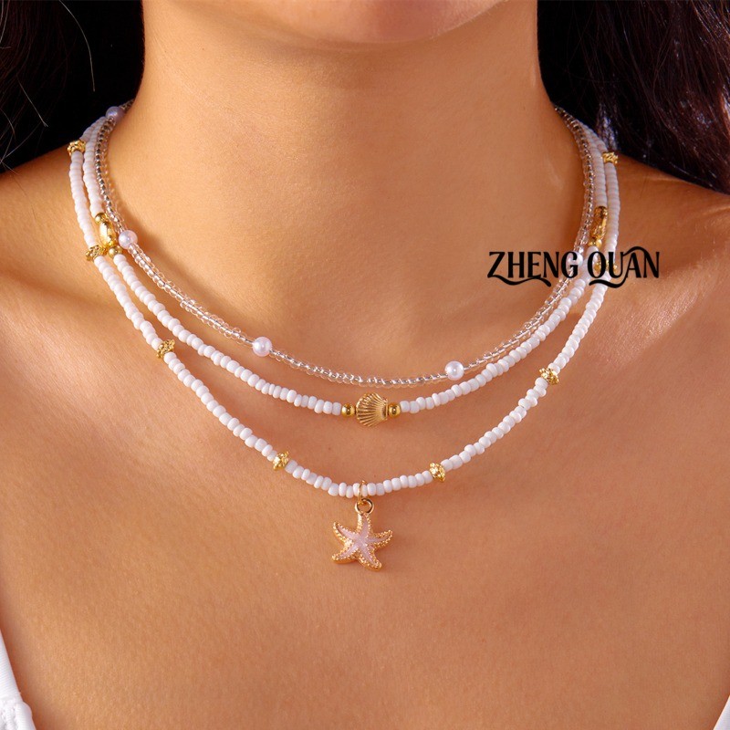 Handmade Boho Necklace Set 3-Piece Sea Star Shell Mosaic Jewelry ...