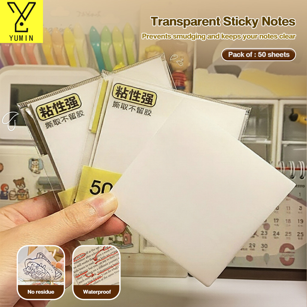 50 Sheets Transparent Sticky Notes Memo Pad Self-Adhesive Paper Clear ...