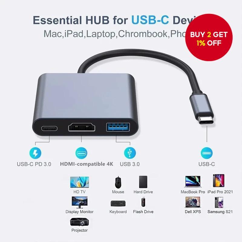 New 3-in-1 Type-C USB Hub Male to Female Adapter, HDMI-Compatible 4K ...