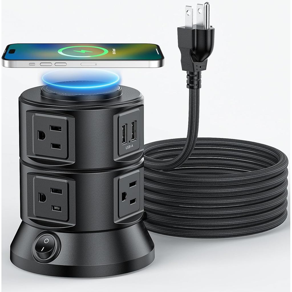 Power Strip Tower with Wireless Charger, Dual-Layer Rotatable Design ...