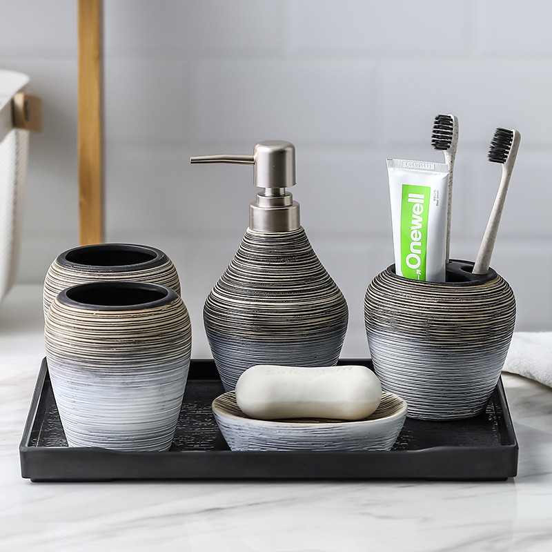 Vintage Brushed Bathroom Wash Set Handmade Ceramic Five-Piece Bathroom ...