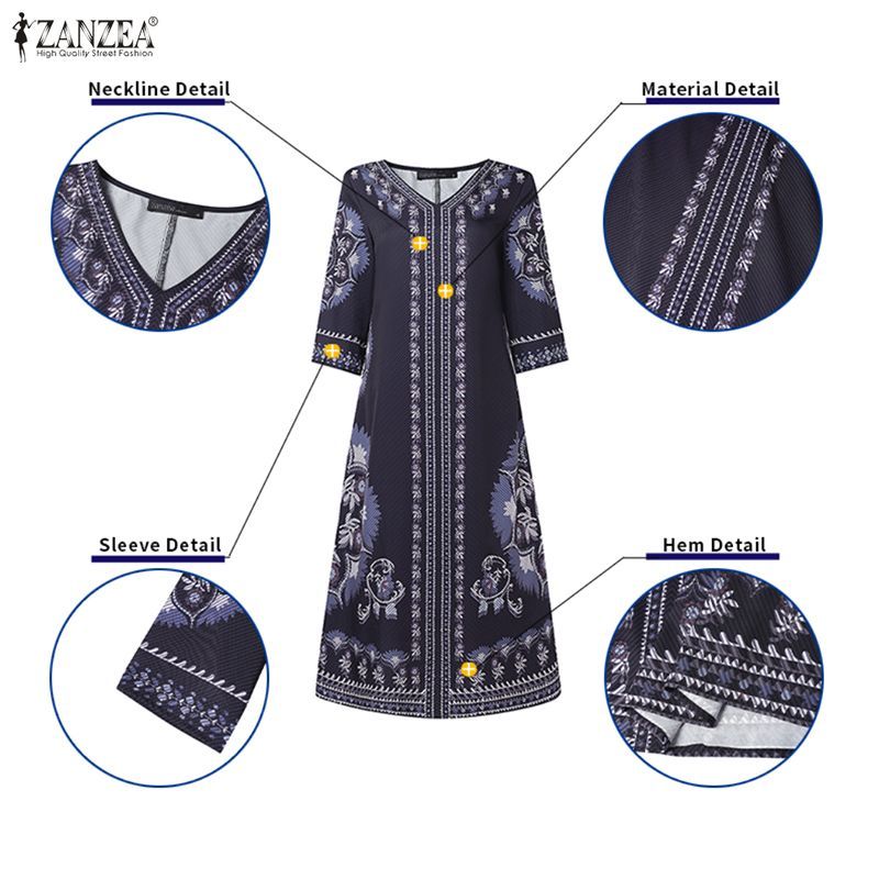 ZANZEA Women Korean Vintage Elegant V Neck 3/4 Sleeves Ethnic Printed ...