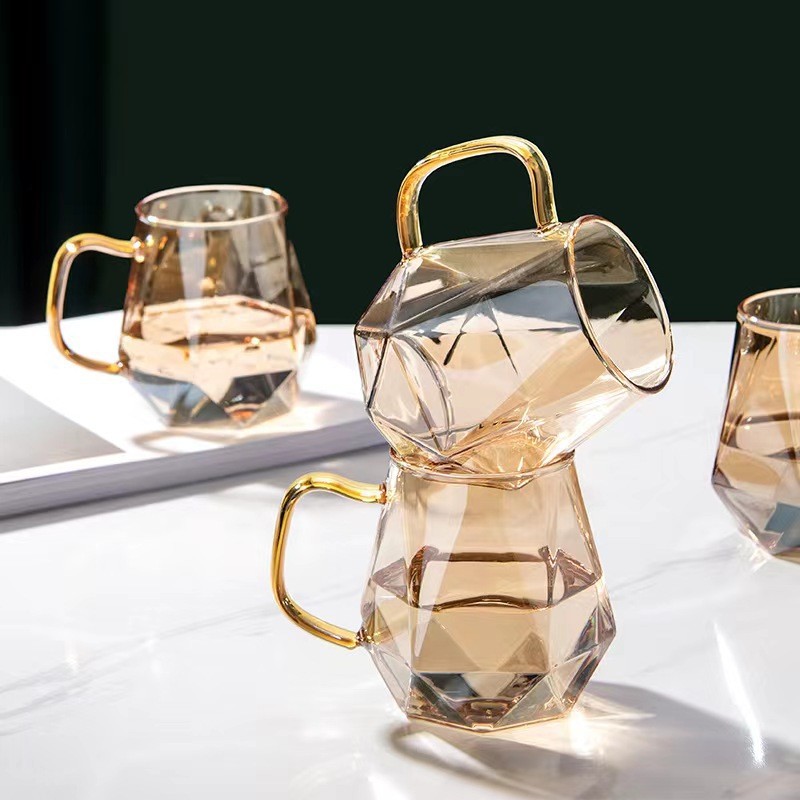Glass Diamond Cup With Handle Influencer Brown Glass Juice Cup High ...