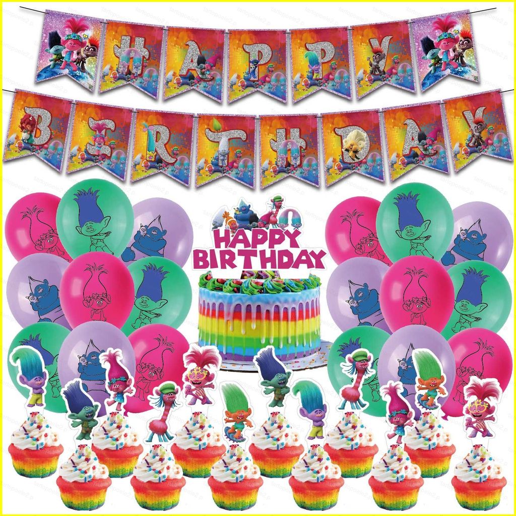 ST2 Trolls World Tour Theme kids birthday party decorations banner cake ...