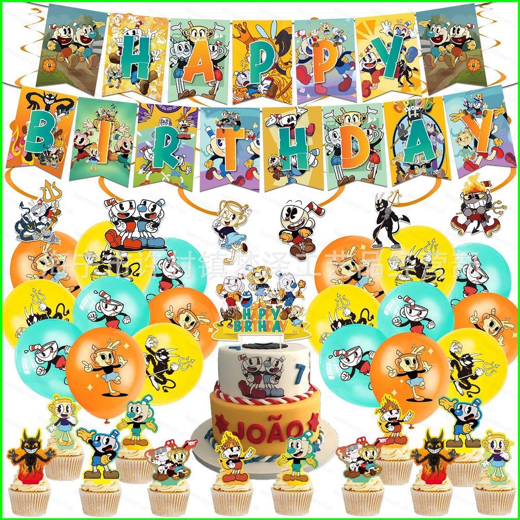 JX1 Cuphead Theme kids birthday party decorations banner cake topper ...