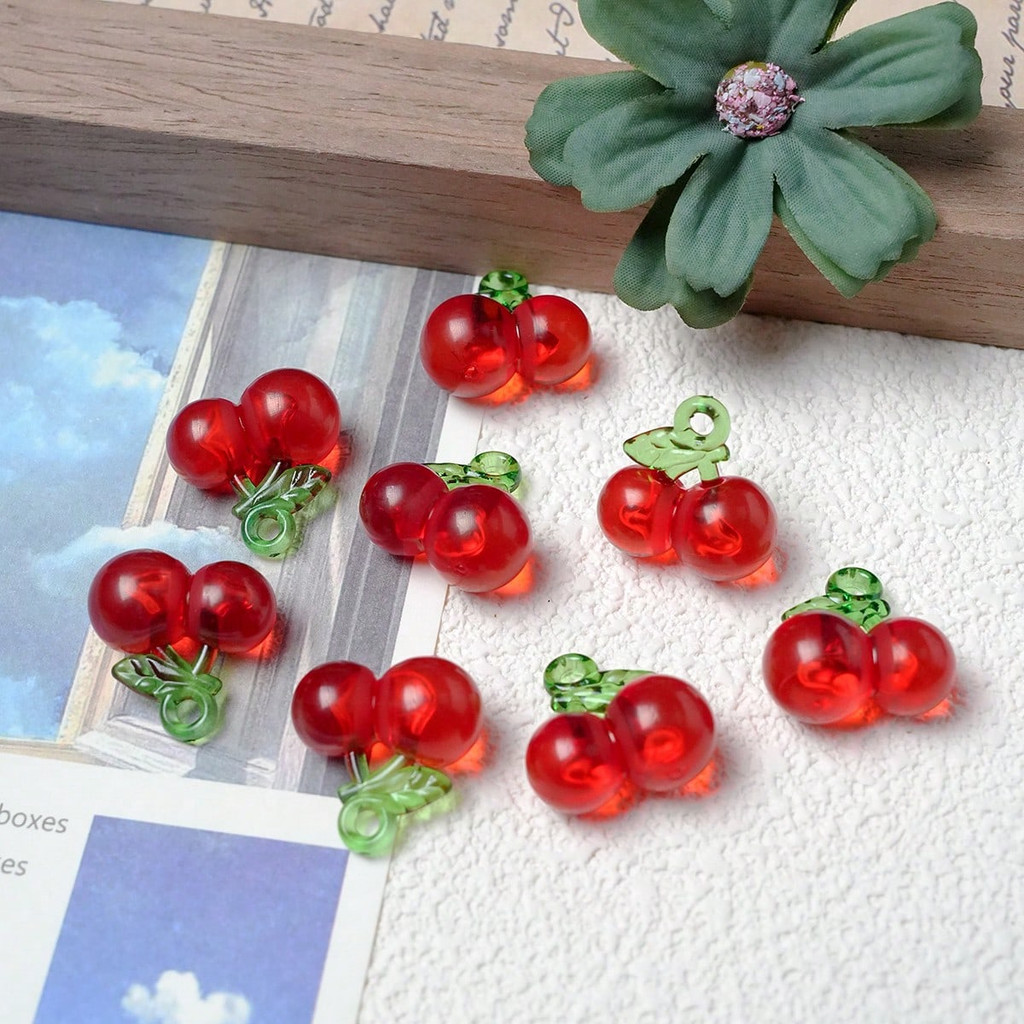 10-50 pieces Transparent Red Cherry Shape With Hole Keychain Bag Resin ...