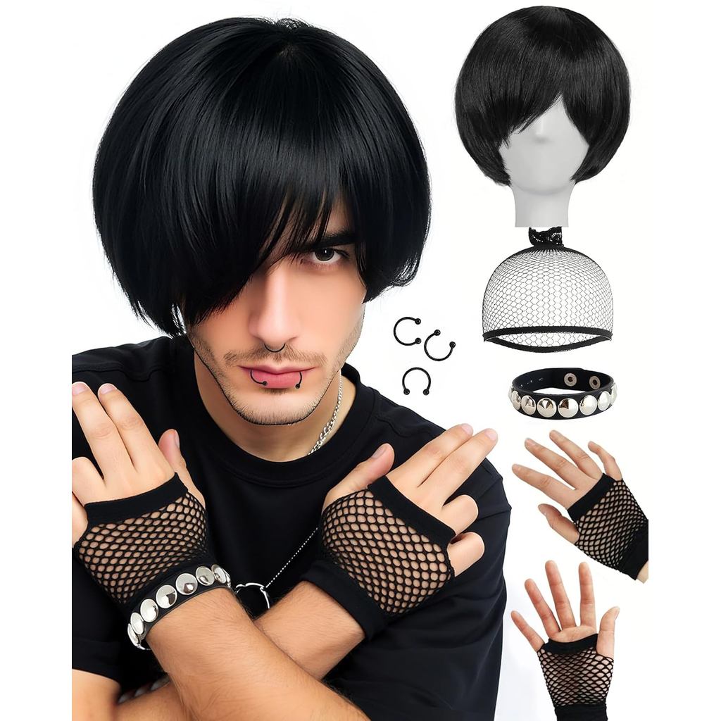 8 Pcs Emo Wig Men Short Black Wig Emo Costume Set for Men Scene Wigs ...