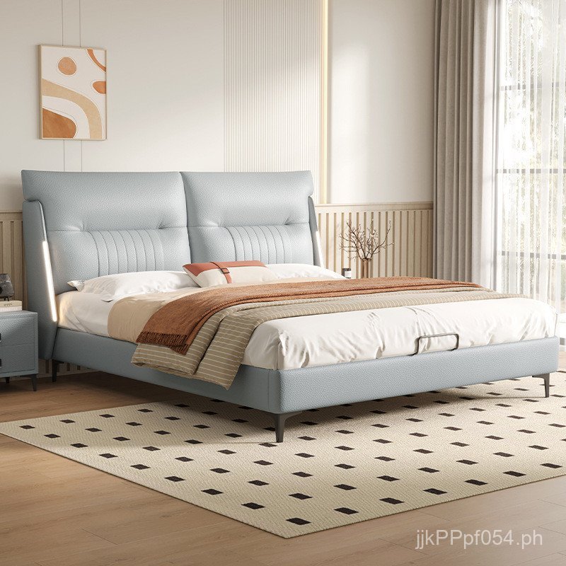Soft Bed Master Bedroom Nappa Leather Minimalist Genuine Leather ...