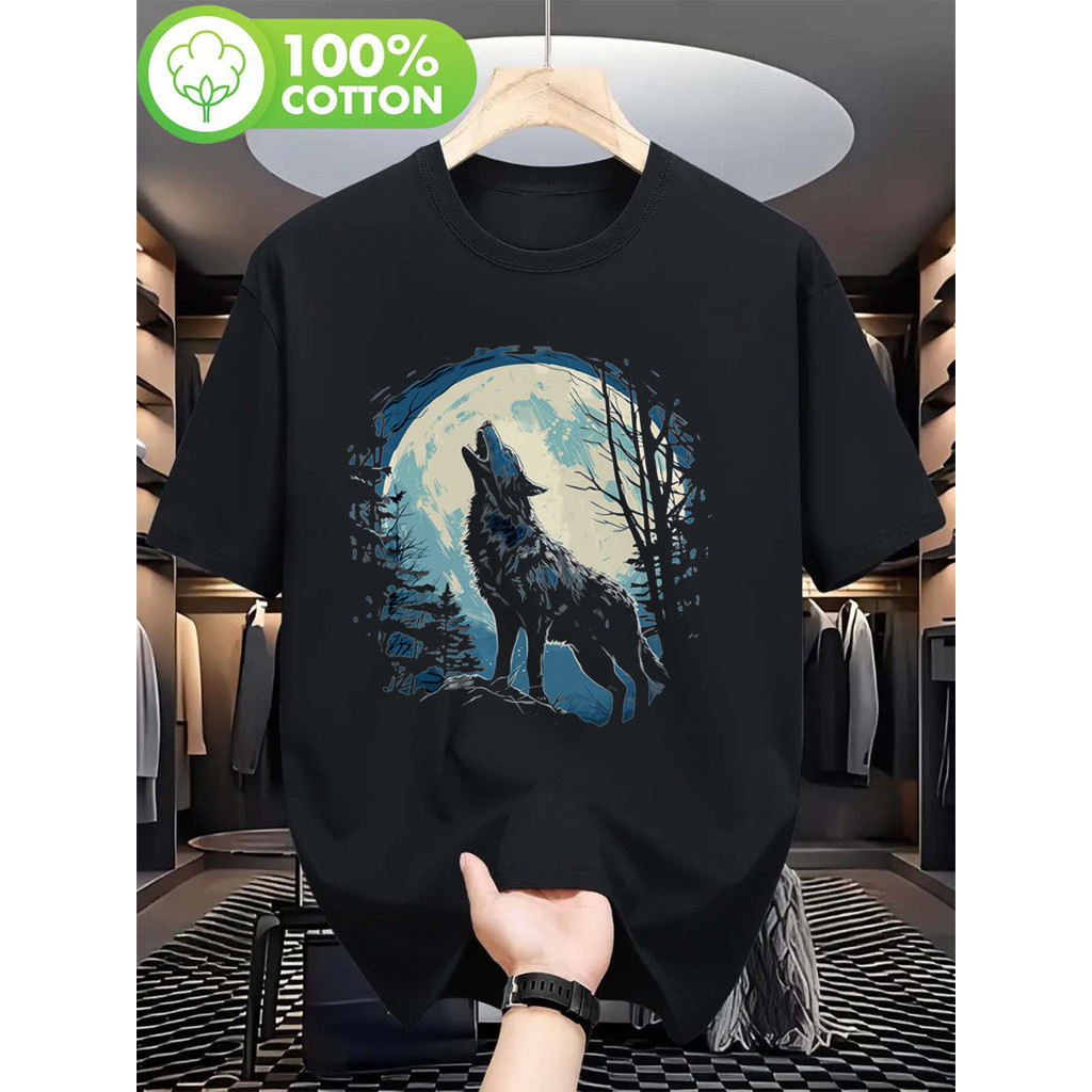 Men'S Moonlit Howling Wolf Graphic T-Shirt - Black Wolf Pack Night ...
