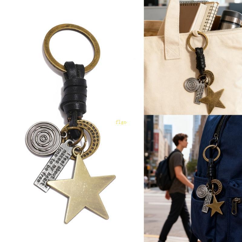 flgo Punk Styles Leather Keychain With Antique Iron Star Charm Alloy ...