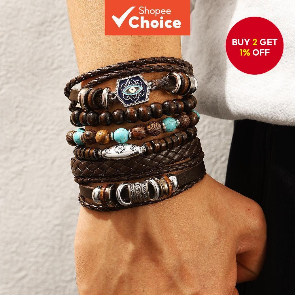 6-Piece Bohemian Leather Bracelet Set for Men Women Retro Stackable ...