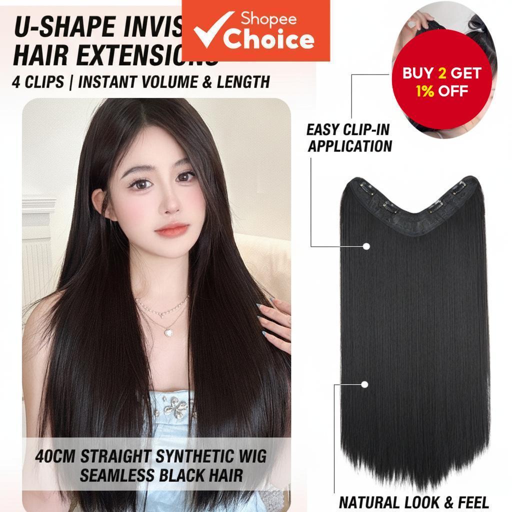 40cm U Shape Invisible Hair Extensions with 4 Clips Straight Synthetic ...