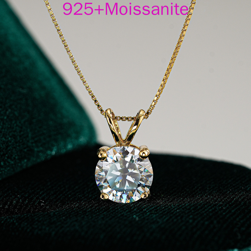 Moissanite Necklace 925 Silver Four-Claw Pendant Plated 14K Gold Color ...