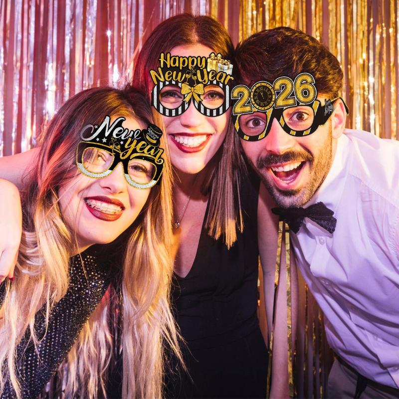 XOITR 6pcs/set 2026 Happy New Year ck Gold New Year Paper Glasses Photo ...