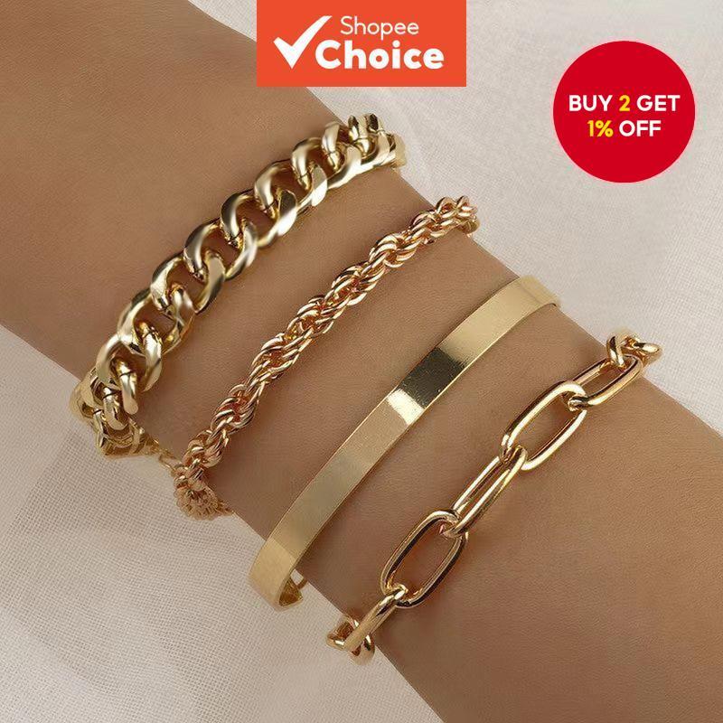 4PC Hip Hop Gold Cuban Bracelet Set Punk Alloy Rope Chain Bangle for ...