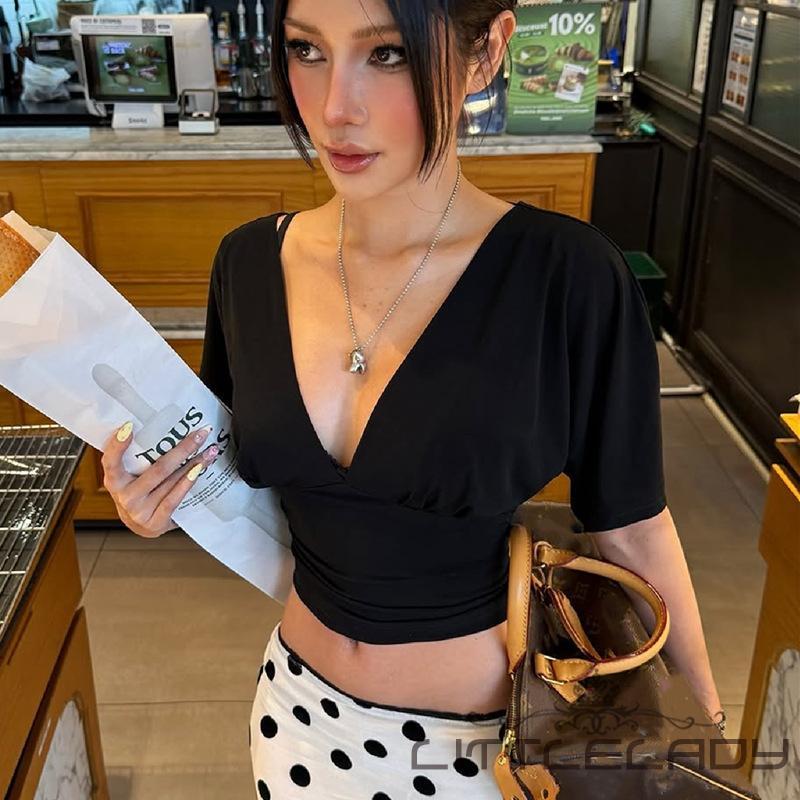 LTL-Women´s Summer Half Sleeve Solid Color Deep V Neck Slim Fit T ...