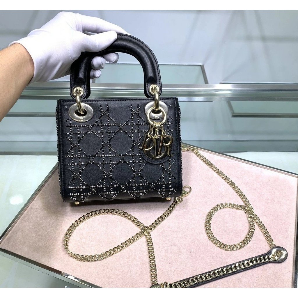️️Lady Dior Three grid embroidery bead tube black，**Mini Calfskin Bag ...