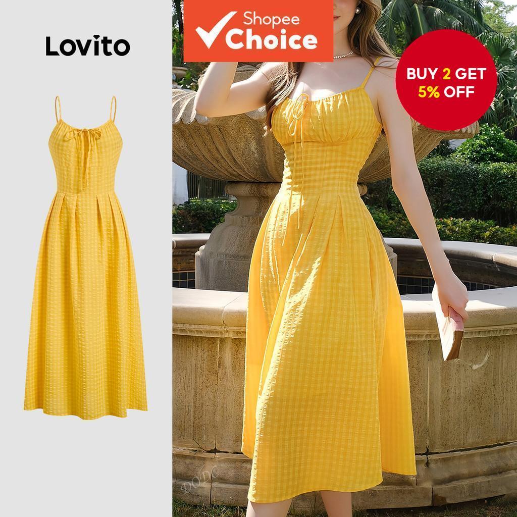 Women Elegant Dress Tie Front Pleated Jacquard Spring/summer Yellow ...