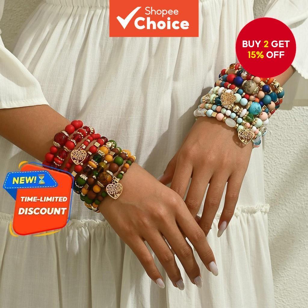 4-Piece Bohemian Beaded Bracelet Set with Crystal Heart Pendant ...