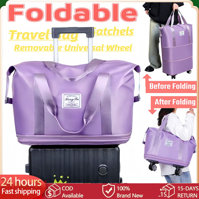 Stretchable Travel Bag with Wheels, 3-Layer Carry Luggage Weekender Bag ...