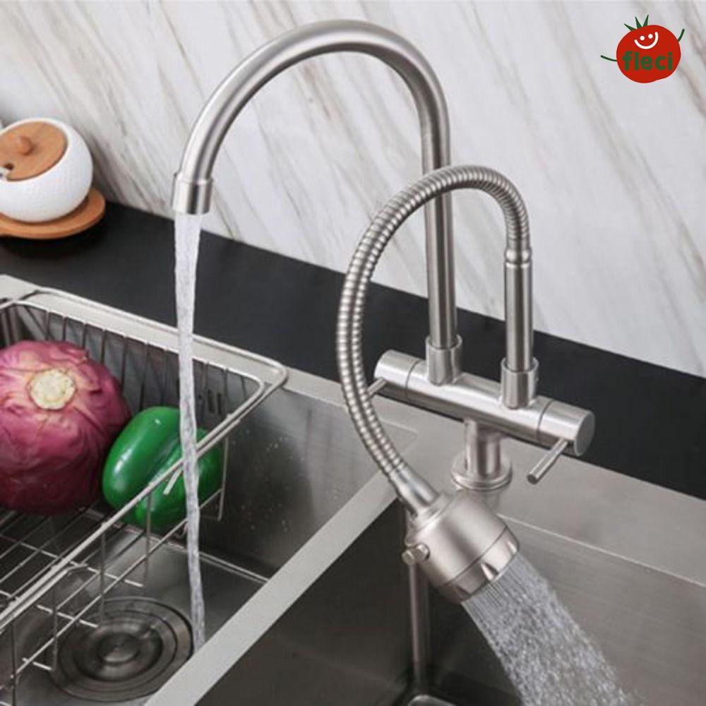 FLECI Double Sink Tap, 360° Rotate 304 Stainless Steel Kitchen Water ...