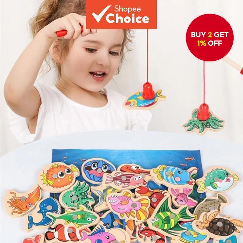 31 Piece Wooden Magnetic Fishing Toy Set for Children Cartoon Fish ...
