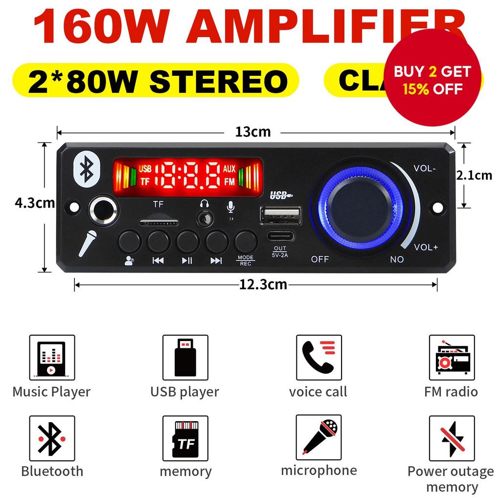 Product image 160W Amplifier Bluetooth 5.0 MP3 Board Audio Player 12V ...