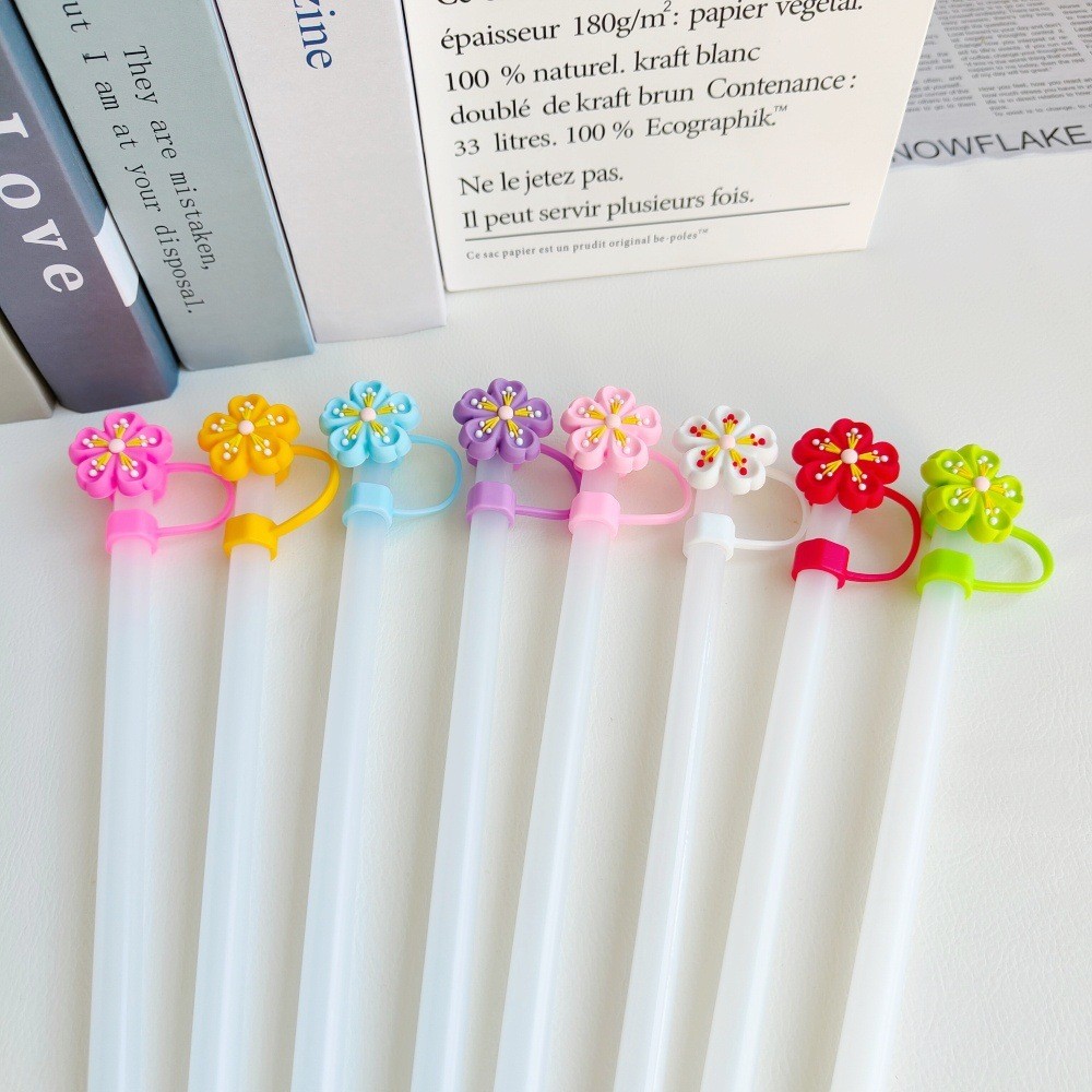 10mm Straw Cap Cup Dust Cap 3D Flower Decorative Straw Cap Soft Rubber ...