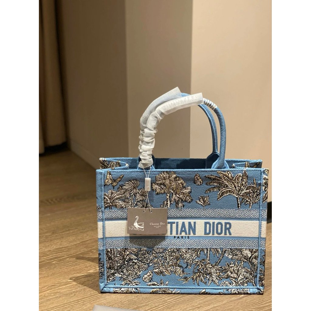 Dior 25 New Style Limited Embroidery Light Blue Palm Tree Book Tote ...