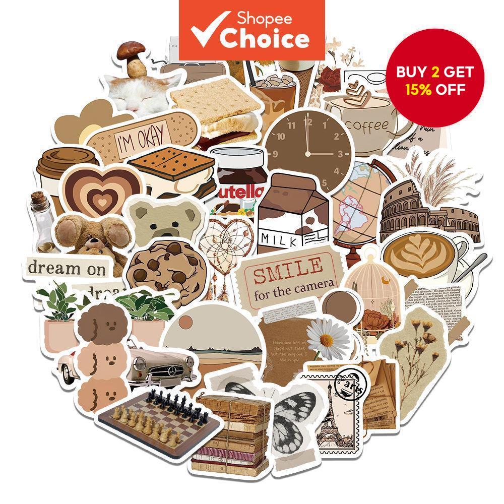 60pcs Brown Aesthetics Retro Creative Stickers Diy Computer Washi ...